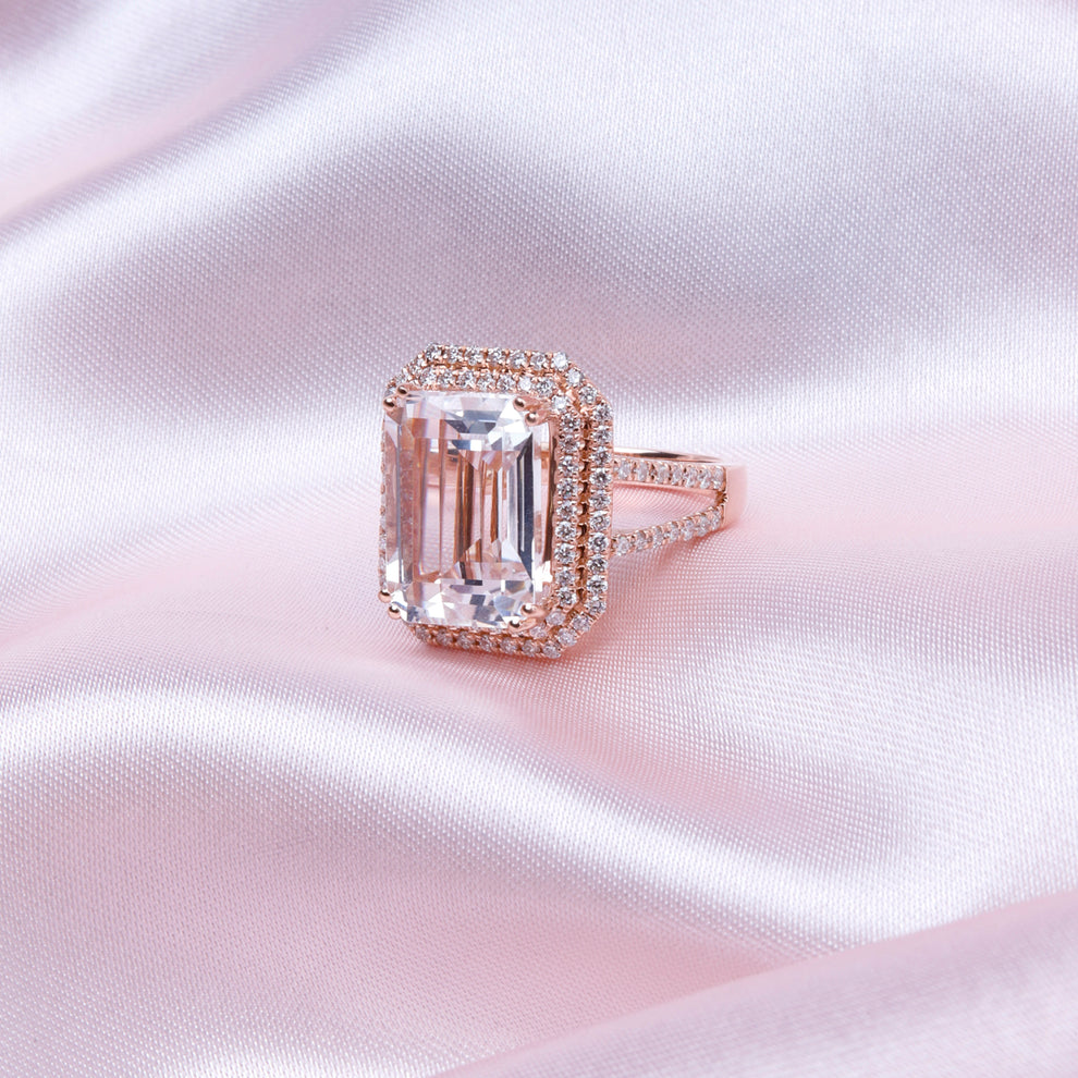 Double Halo Emerlad Cut Ring – Luvente