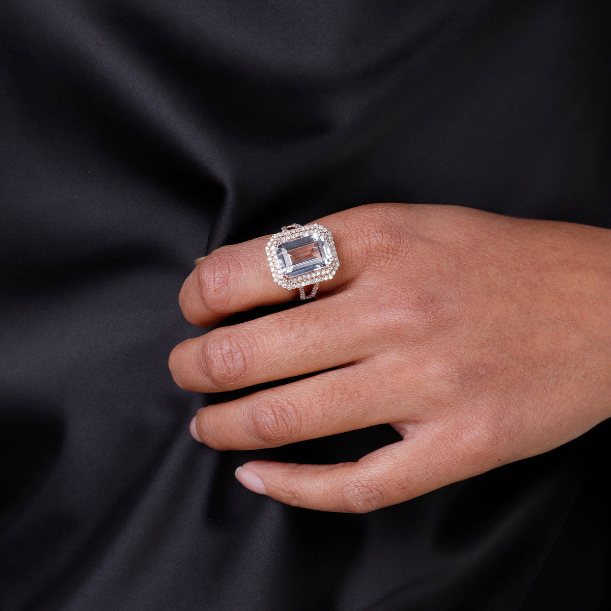 Double Halo Emerlad Cut Ring – Luvente